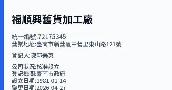 福順興舊貨加工廠的照片-統編 72175345(臺南市) 公司登記資料與營業項目詳細圖表