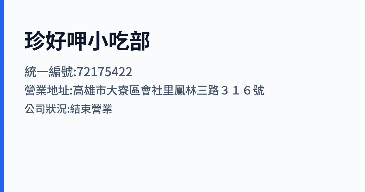 珍好呷小吃部 - 統編 72175422(高雄市) 公司登記資料與營業項目詳細圖表