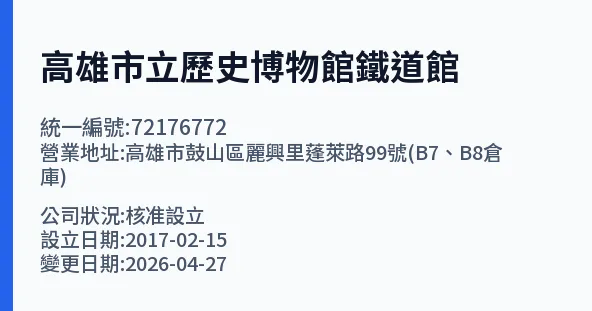 高雄市立歷史博物館鐵道館的照片-統編 72176772(高雄市) 公司登記資料與營業項目詳細圖表