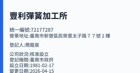 豐利彈簧加工所的照片-統編 72177287(臺南市) 公司登記資料與營業項目詳細圖表