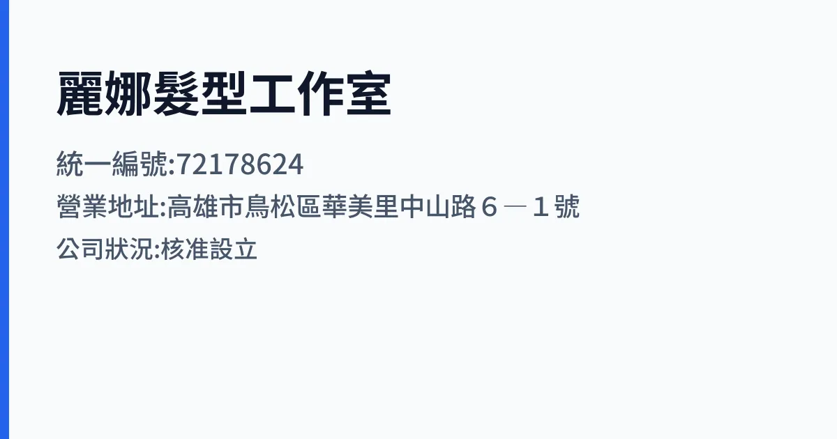 麗娜髮型工作室 - 統編 72178624（高雄市） 公司登記資料與營業項目詳細圖表