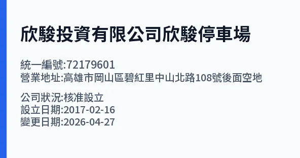 欣駿投資有限公司欣駿停車場的照片-統編 72179601(高雄市) 公司登記資料與營業項目詳細圖表