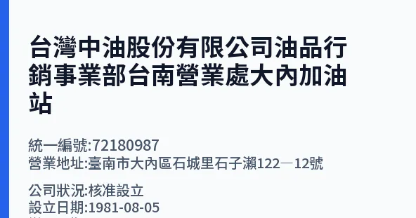 台灣中油股份有限公司油品行銷事業部台南營業處大內加油站的照片-統編 72180987(臺南市) 公司登記資料與營業項目詳細圖表