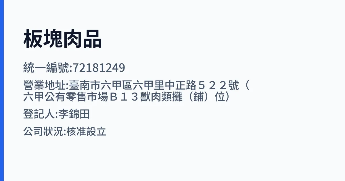 板塊肉品 - 統編 72181249(臺南市) 公司登記資料與營業項目詳細圖表