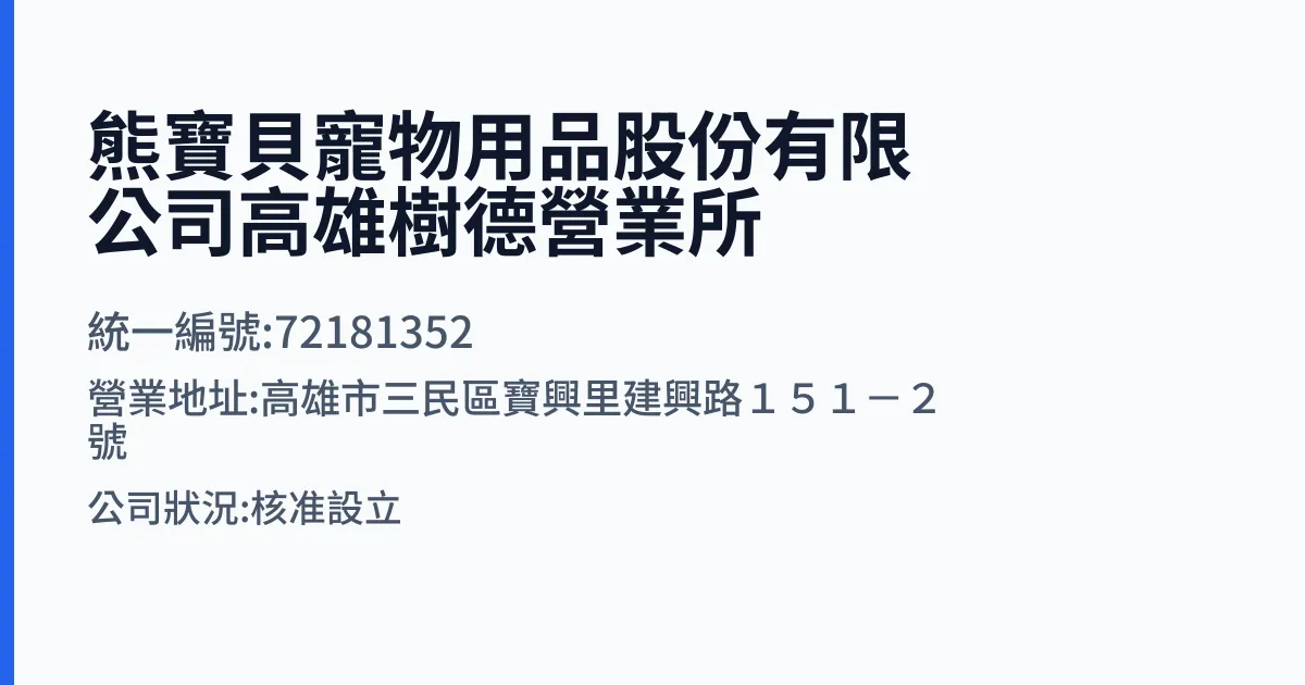 熊寶貝寵物用品股份有限公司高雄樹德營業所 - 統編 72181352(高雄市) 公司登記資料與營業項目詳細圖表