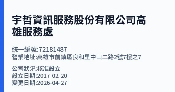 宇哲資訊服務股份有限公司高雄服務處的照片-統編 72181487(高雄市) 公司登記資料與營業項目詳細圖表