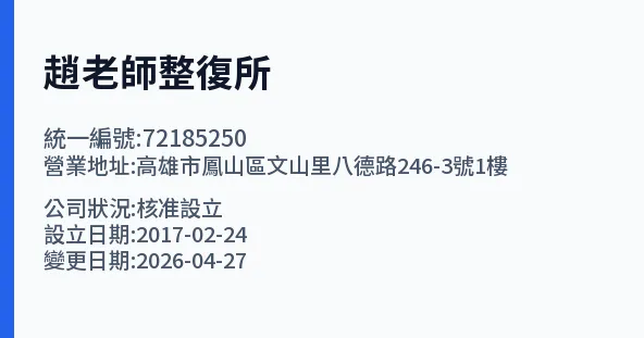 趙老師整復所的照片-統編 72185250(高雄市) 公司登記資料與營業項目詳細圖表