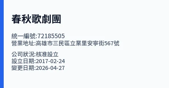 春秋歌劇團的照片-統編 72185505(高雄市) 公司登記資料與營業項目詳細圖表