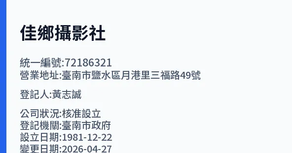 佳鄉攝影社的照片-統編 72186321(臺南市) 公司登記資料與營業項目詳細圖表