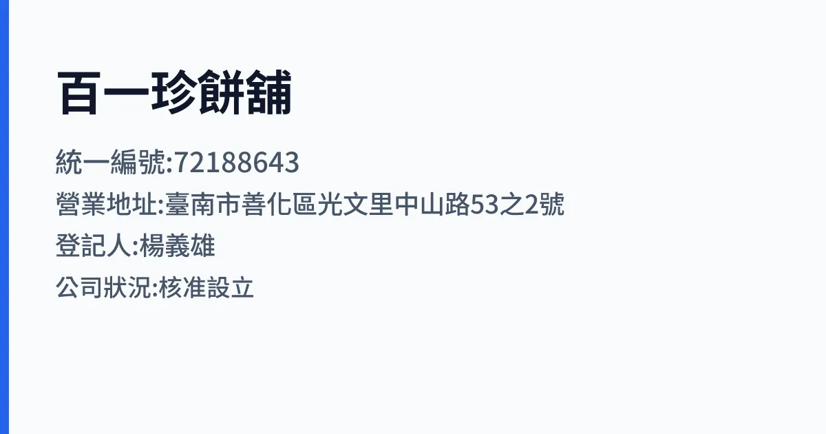 百一珍餅舖 - 統編 72188643（臺南市） 公司登記資料與營業項目詳細圖表