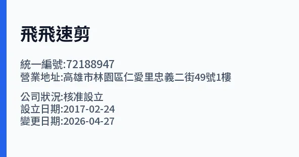 飛飛速剪的照片-統編 72188947(高雄市) 公司登記資料與營業項目詳細圖表