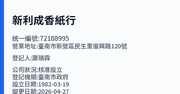 新利成香紙行的照片-統編 72188995(臺南市) 公司登記資料與營業項目詳細圖表