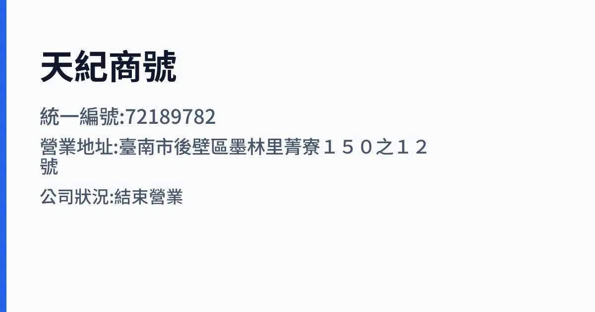 天紀商號 - 統編 72189782(臺南市) 公司登記資料與營業項目詳細圖表