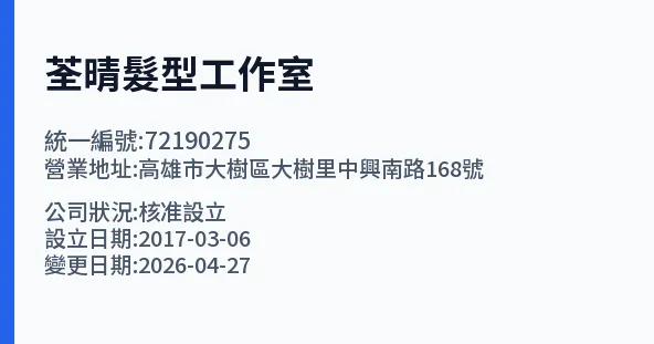 荃晴髮型工作室的照片-統編 72190275(高雄市) 公司登記資料與營業項目詳細圖表