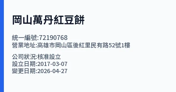 岡山萬丹紅豆餅的照片-統編 72190768(高雄市) 公司登記資料與營業項目詳細圖表