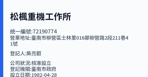 松楓重機工作所的照片-統編 72190774(臺南市) 公司登記資料與營業項目詳細圖表
