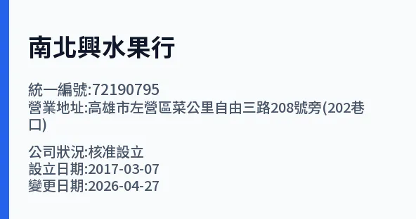 南北興水果行的照片-統編 72190795(高雄市) 公司登記資料與營業項目詳細圖表