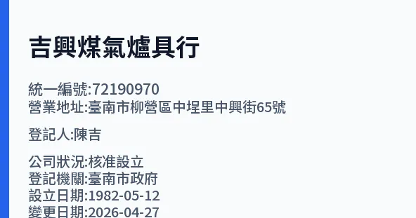 吉興煤氣爐具行的照片-統編 72190970(臺南市) 公司登記資料與營業項目詳細圖表