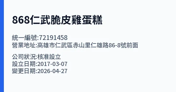 868仁武脆皮雞蛋糕的照片-統編 72191458(高雄市) 公司登記資料與營業項目詳細圖表