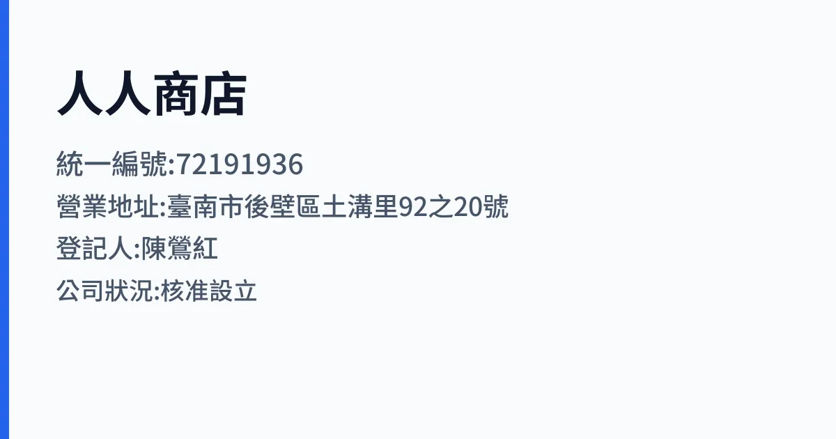 人人商店 - 統編 72191936(臺南市) 公司登記資料與營業項目詳細圖表