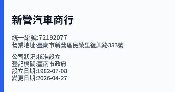 新營汽車商行的照片-統編 72192077(臺南市) 公司登記資料與營業項目詳細圖表