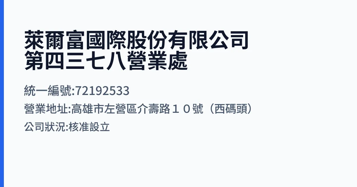 萊爾富國際股份有限公司第四三七八營業處 - 統編 72192533(高雄市) 公司登記資料與營業項目詳細圖表