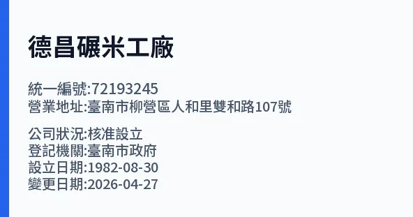 德昌碾米工廠的照片-統編 72193245(臺南市) 公司登記資料與營業項目詳細圖表