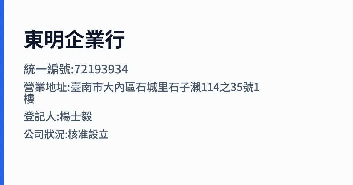 東明企業行 - 統編 72193934(臺南市) 公司登記資料與營業項目詳細圖表