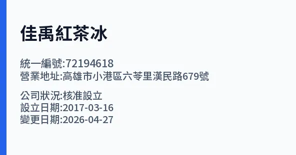 佳禹紅茶冰的照片-統編 72194618(高雄市) 公司登記資料與營業項目詳細圖表