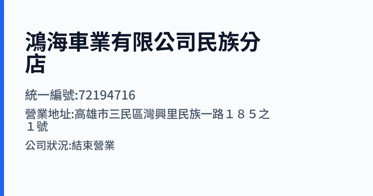 鴻海車業有限公司民族分店 - 統編 72194716(高雄市) 公司登記資料與營業項目詳細圖表