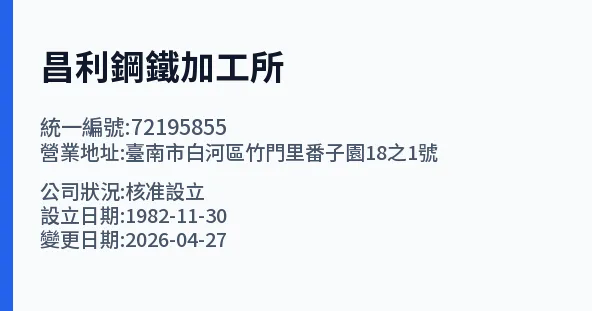 昌利鋼鐵加工所的照片-統編 72195855(臺南市) 公司登記資料與營業項目詳細圖表