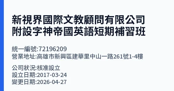 新視界國際文教顧問有限公司附設字神帝國英語短期補習班的照片-統編 72196209(高雄市) 公司登記資料與營業項目詳細圖表