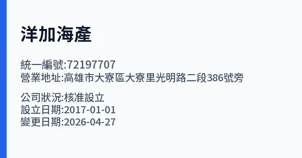 洋加海產的照片-統編 72197707(高雄市) 公司登記資料與營業項目詳細圖表