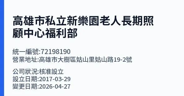 高雄市私立新樂園老人長期照顧中心福利部的照片-統編 72198190(高雄市) 公司登記資料與營業項目詳細圖表