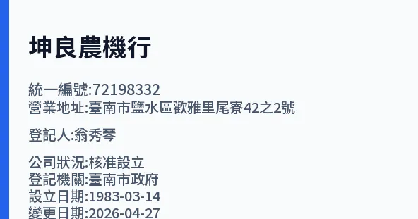 坤良農機行的照片-統編 72198332(臺南市) 公司登記資料與營業項目詳細圖表