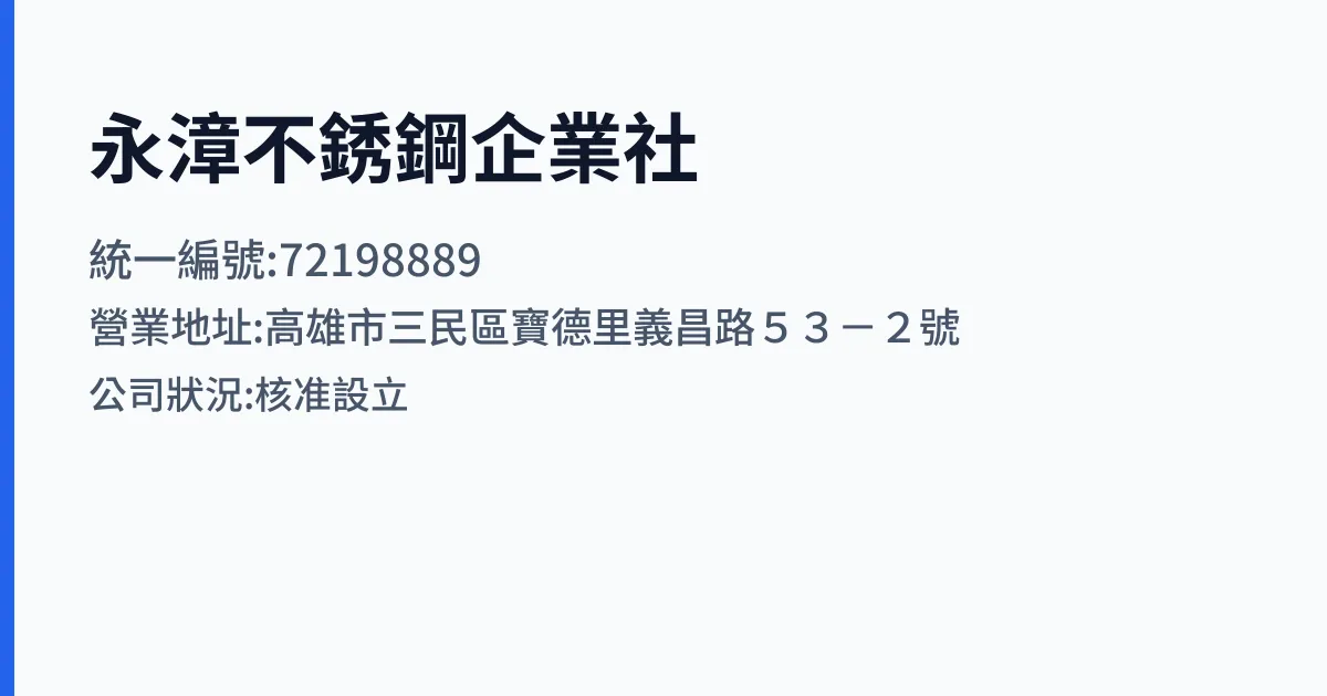 永漳不銹鋼企業社 - 統編 72198889(高雄市) 公司登記資料與營業項目詳細圖表