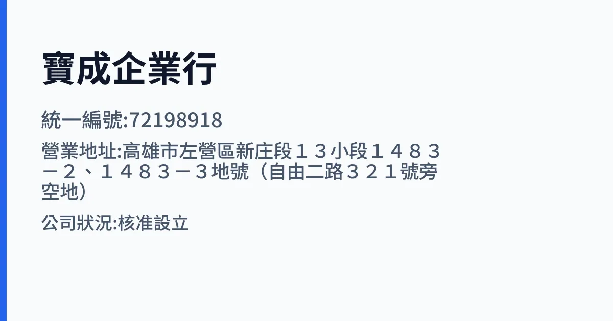 寶成企業行 - 統編 72198918(高雄市) 公司登記資料與營業項目詳細圖表