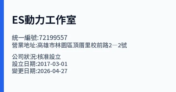 ES動力工作室的照片-統編 72199557(高雄市) 公司登記資料與營業項目詳細圖表