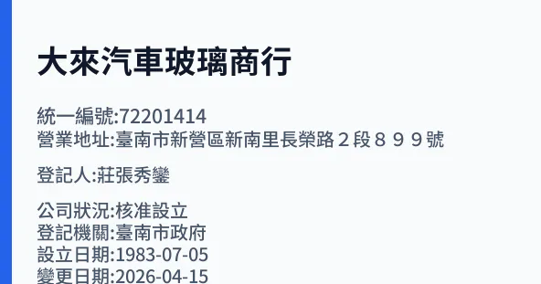 大來汽車玻璃商行的照片-統編 72201414(臺南市) 公司登記資料與營業項目詳細圖表