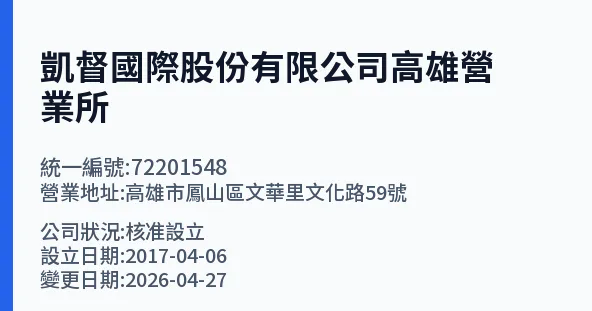 凱督國際股份有限公司高雄營業所的照片-統編 72201548(高雄市) 公司登記資料與營業項目詳細圖表