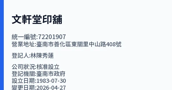文軒堂印舖的照片-統編 72201907(臺南市) 公司登記資料與營業項目詳細圖表