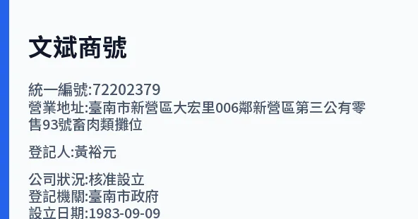 文斌商號的照片-統編 72202379(臺南市) 公司登記資料與營業項目詳細圖表