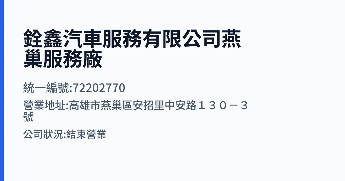 銓鑫汽車服務有限公司燕巢服務廠 - 統編 72202770(高雄市) 公司登記資料與營業項目詳細圖表