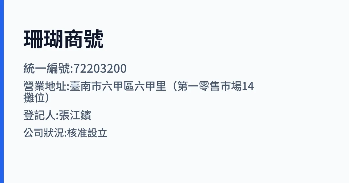 珊瑚商號 - 統編 72203200(臺南市) 公司登記資料與營業項目詳細圖表