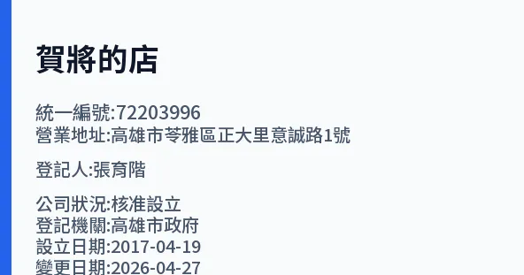 賀將的店的照片-統編 72203996(高雄市) 公司登記資料與營業項目詳細圖表