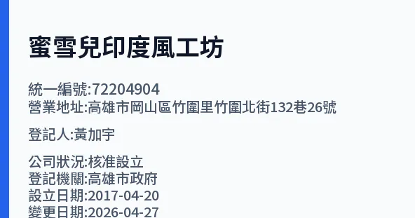 蜜雪兒印度風工坊的照片-統編 72204904(高雄市) 公司登記資料與營業項目詳細圖表