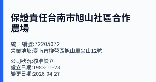 保證責任台南市旭山社區合作農場的照片-統編 72205072(臺南市) 公司登記資料與營業項目詳細圖表