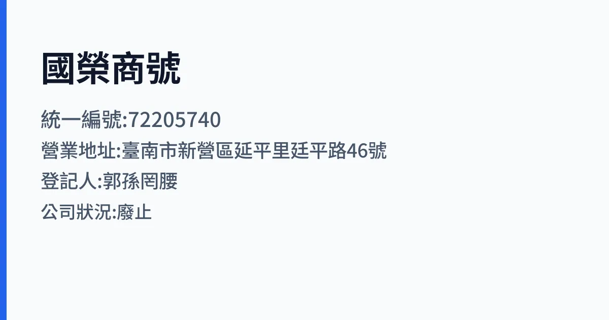 國榮商號 - 統編 72205740(臺南市) 公司登記資料與營業項目詳細圖表