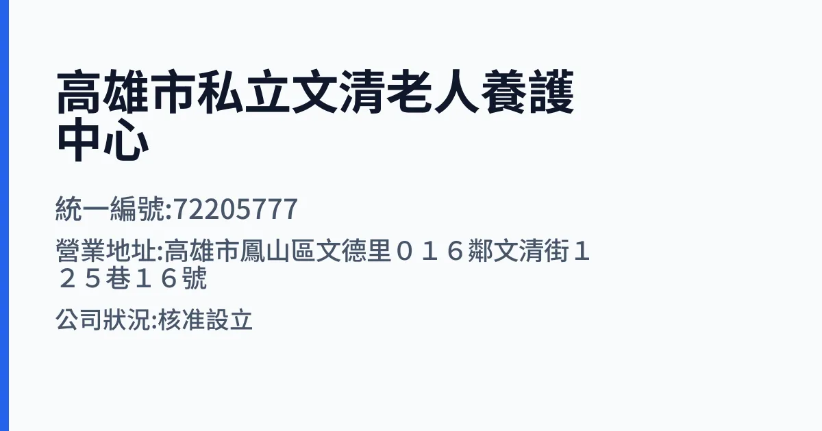 高雄市私立文清老人養護中心 - 統編 72205777(高雄市) 公司登記資料與營業項目詳細圖表