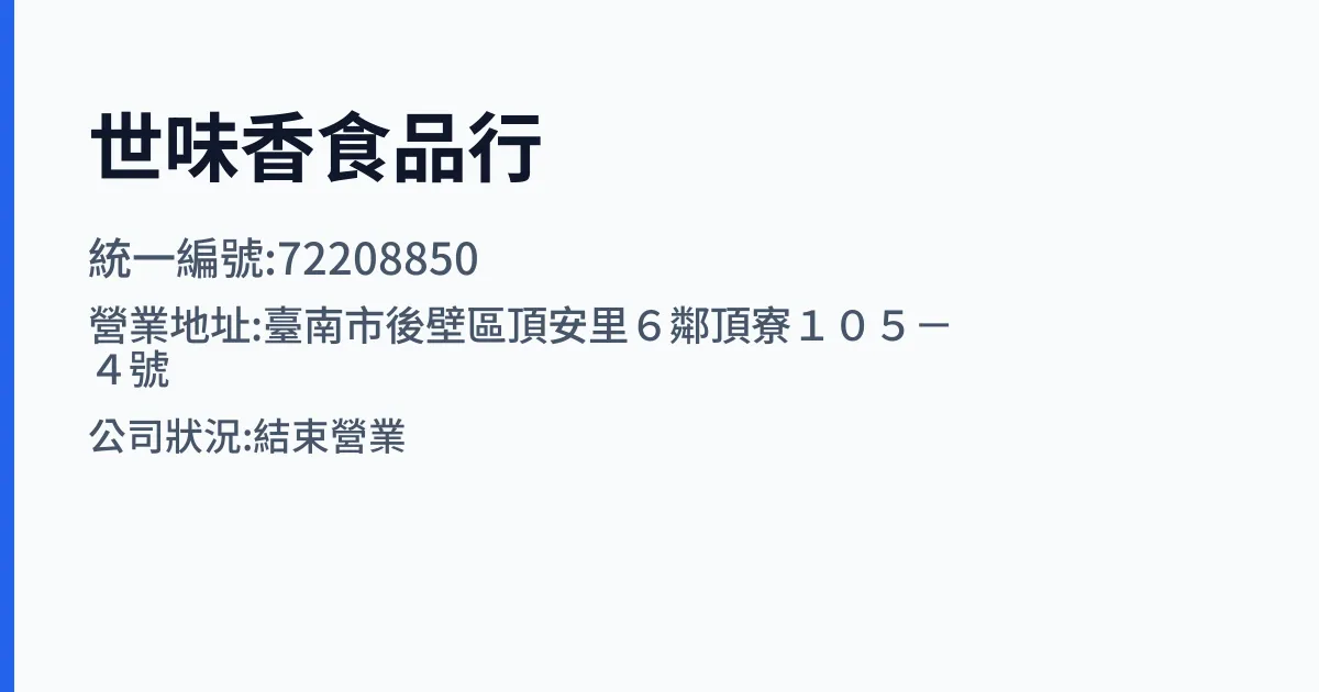 世味香食品行 - 統編 72208850(臺南市) 公司登記資料與營業項目詳細圖表